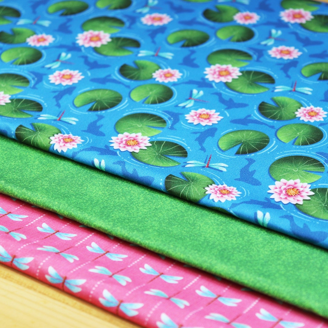 Set of 3 Matching Fabrics, 100% Cotton SATIN Fabrics With Water Lilies ...