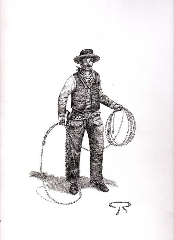 Original pen and Ink Drawing of Old West Cowboy | Etsy