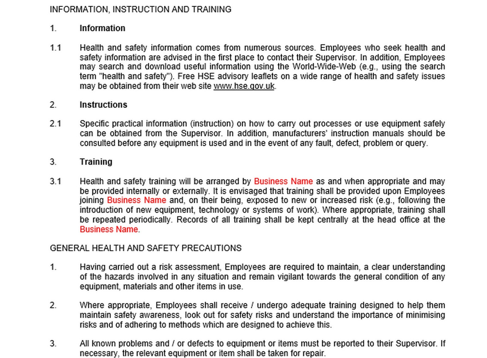 Health and Safety Policy and Arrangements, Word Doc, Word Template ...