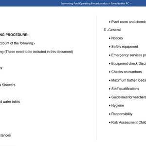 Swimming Pool Operating Procedure, Word Doc, Word Template - Etsy