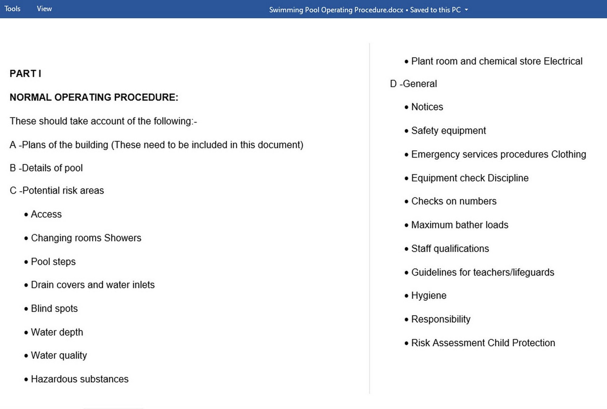 Swimming Pool Operating Procedure, Word Doc, Word Template - Etsy