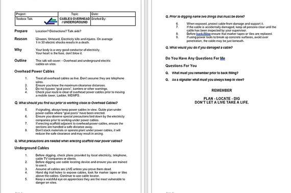 Toolbox Talk on Cables Overhead or Underground | Etsy