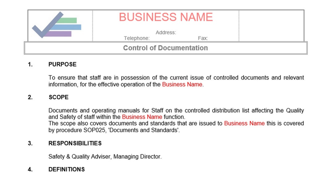 Standard Operating Procedure - Control of Documentation, Business ...