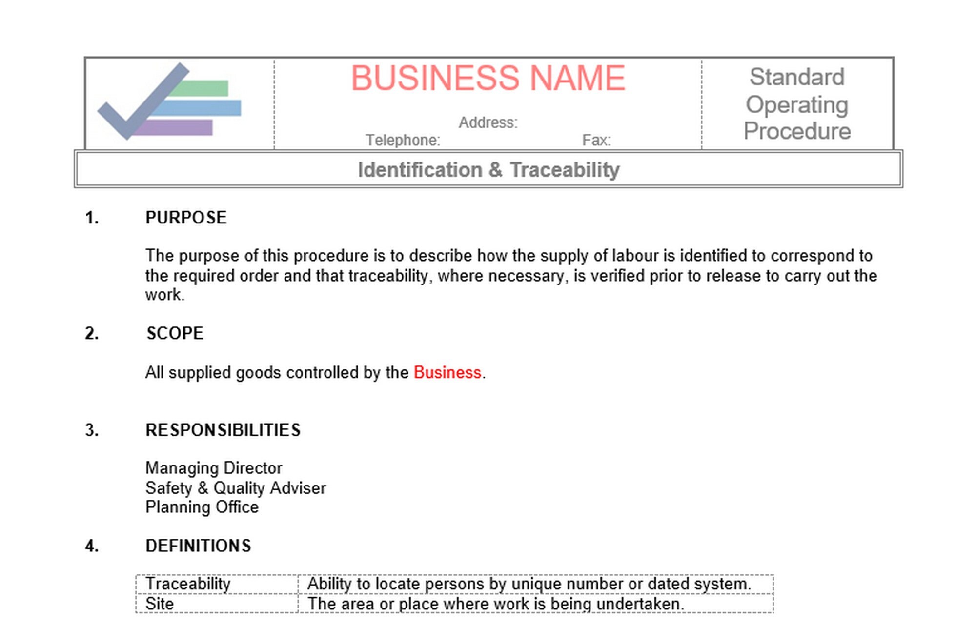 Standard Operating Procedure - Identification, Traceability & Handling, Business Procedure, Word ...