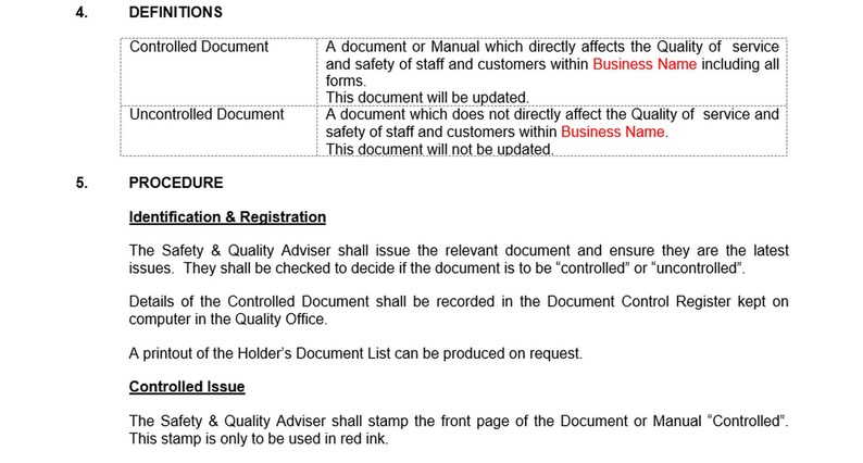 Standard Operating Procedure - Control of Documentation, Business ...