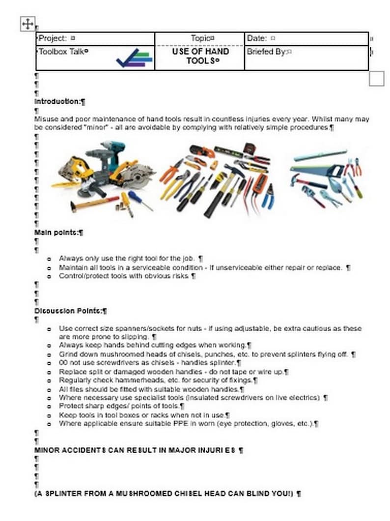 Toolbox Talk on Use of Hand Tools - Etsy