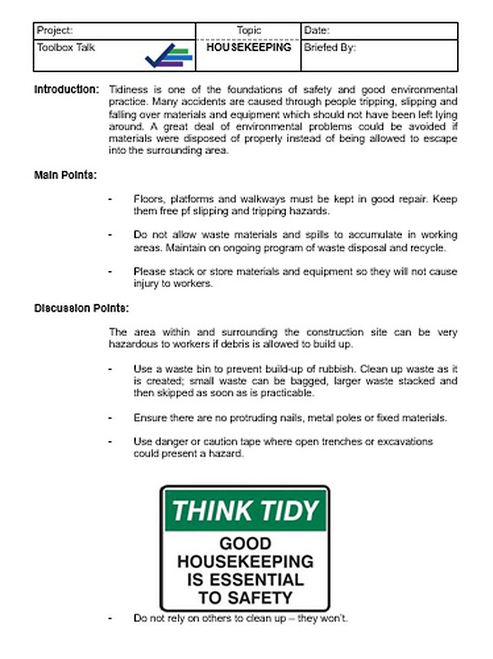 Toolbox Talk on Housekeeping in Premises or Construction Sites - Etsy ...