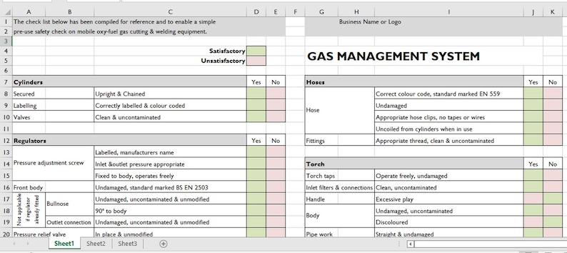 Gas Equipment Checklist | Business Templates | Excel Templates | Gas ...