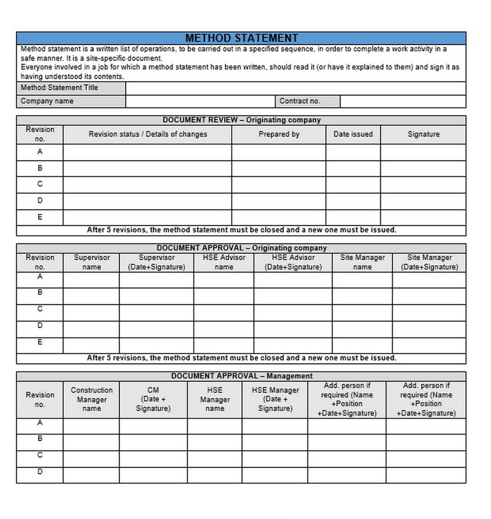 Method Statement Template, Safety Document, Project Working Method ...