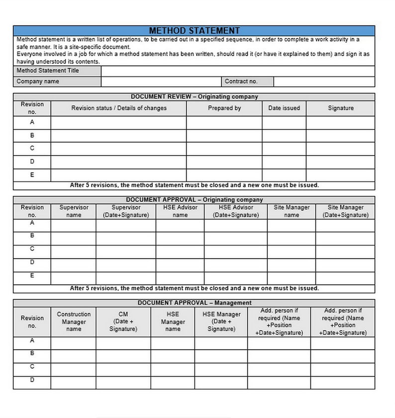 Method Statement Template, Safety Document, Project Working Method ...