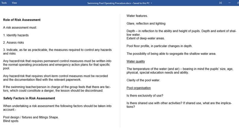 Swimming Pool Operating Procedure, Word Doc, Word Template - Etsy