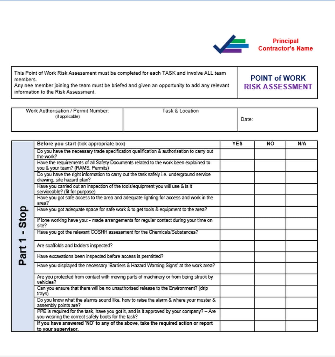Pre-task Brief and Point of Work Risk Assessment Template, Word Doc ...