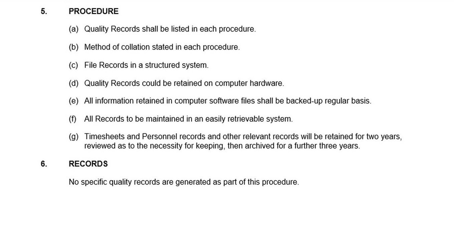 Standard Operating Procedure - Quality Records, Business Procedure ...