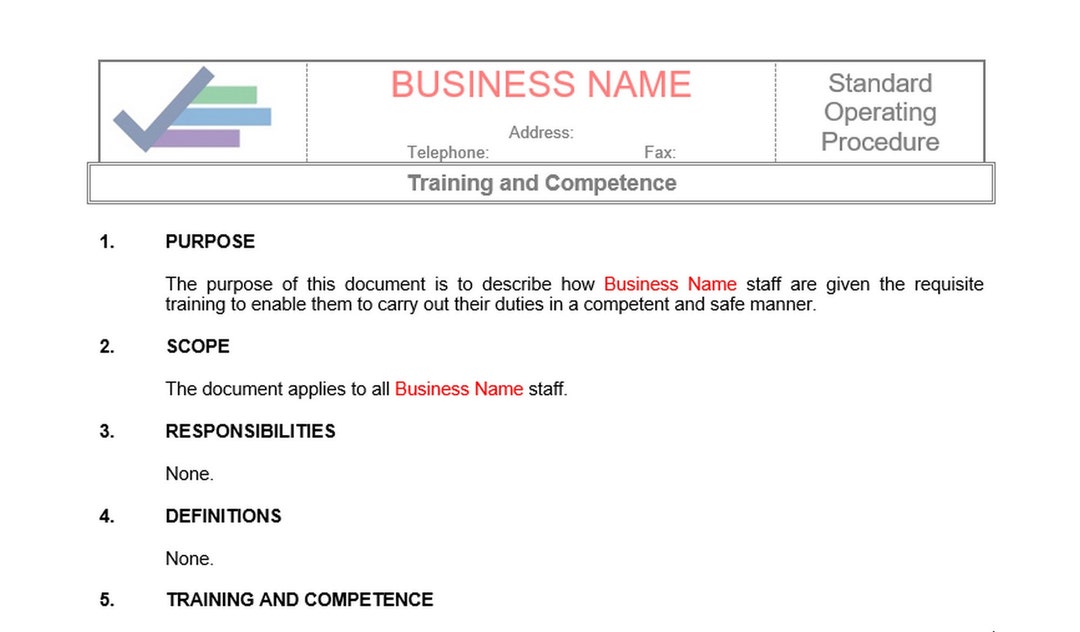 Standard Operating Procedure - Training and Competence, Business ...