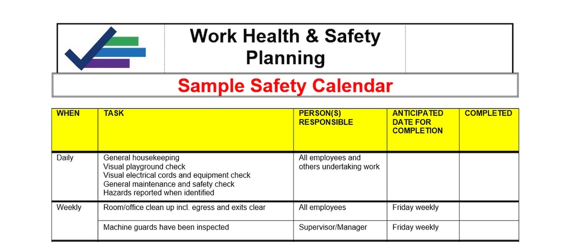 Sample Safety Calendar, Workplace H&S Planner, Word Template, Word Doc ...