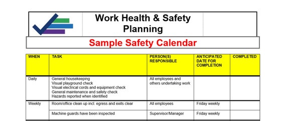Sample Safety Calendar Workplace H&S Planner Word Template | Etsy