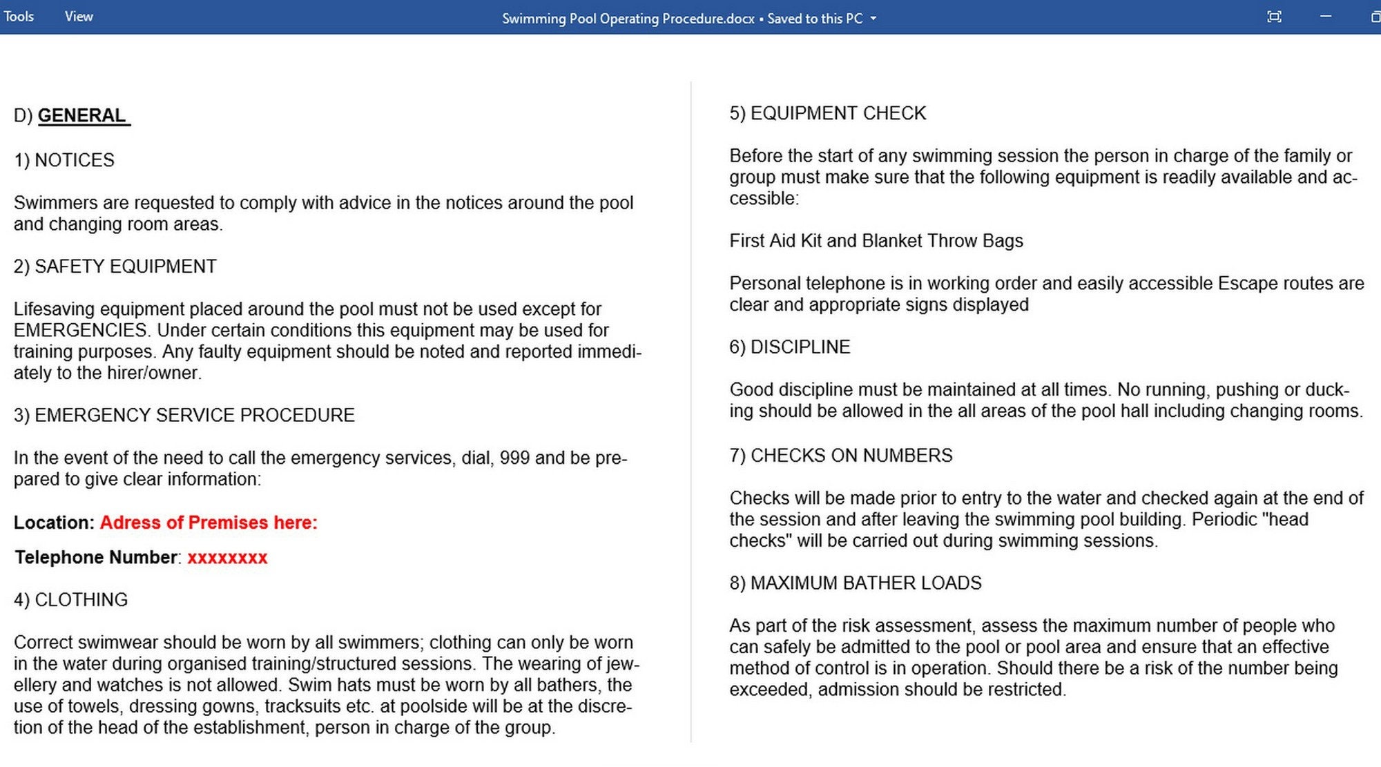 Swimming Pool Operating Procedure, Word Doc, Word Template - Etsy