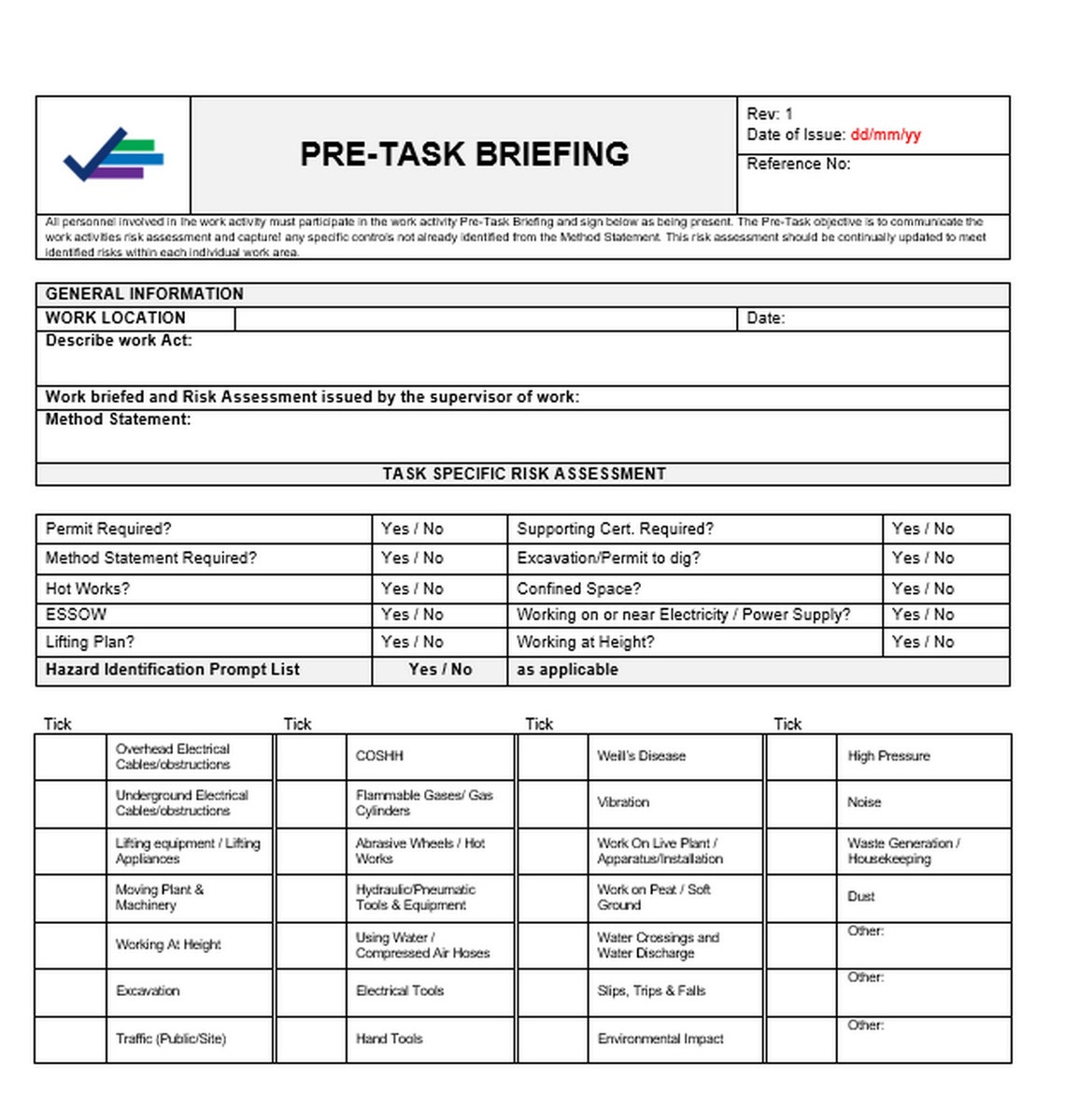 Pre-task Brief and Point of Work Risk Assessment Template, Word Doc ...