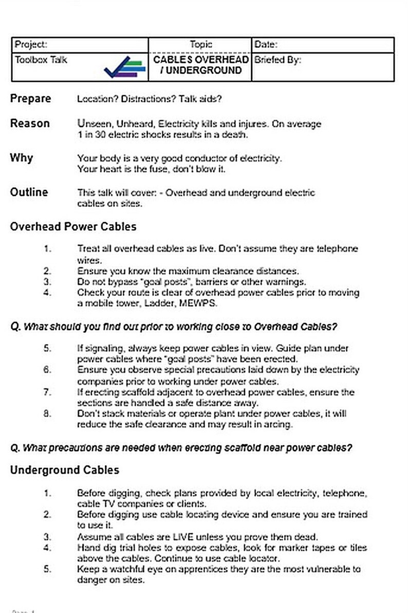 Toolbox Talk on Cables Overhead or Underground - Etsy