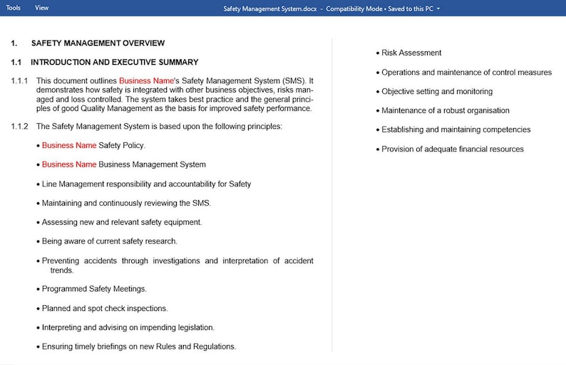 Safety Management System Template, Overview, Information, Guidance ...