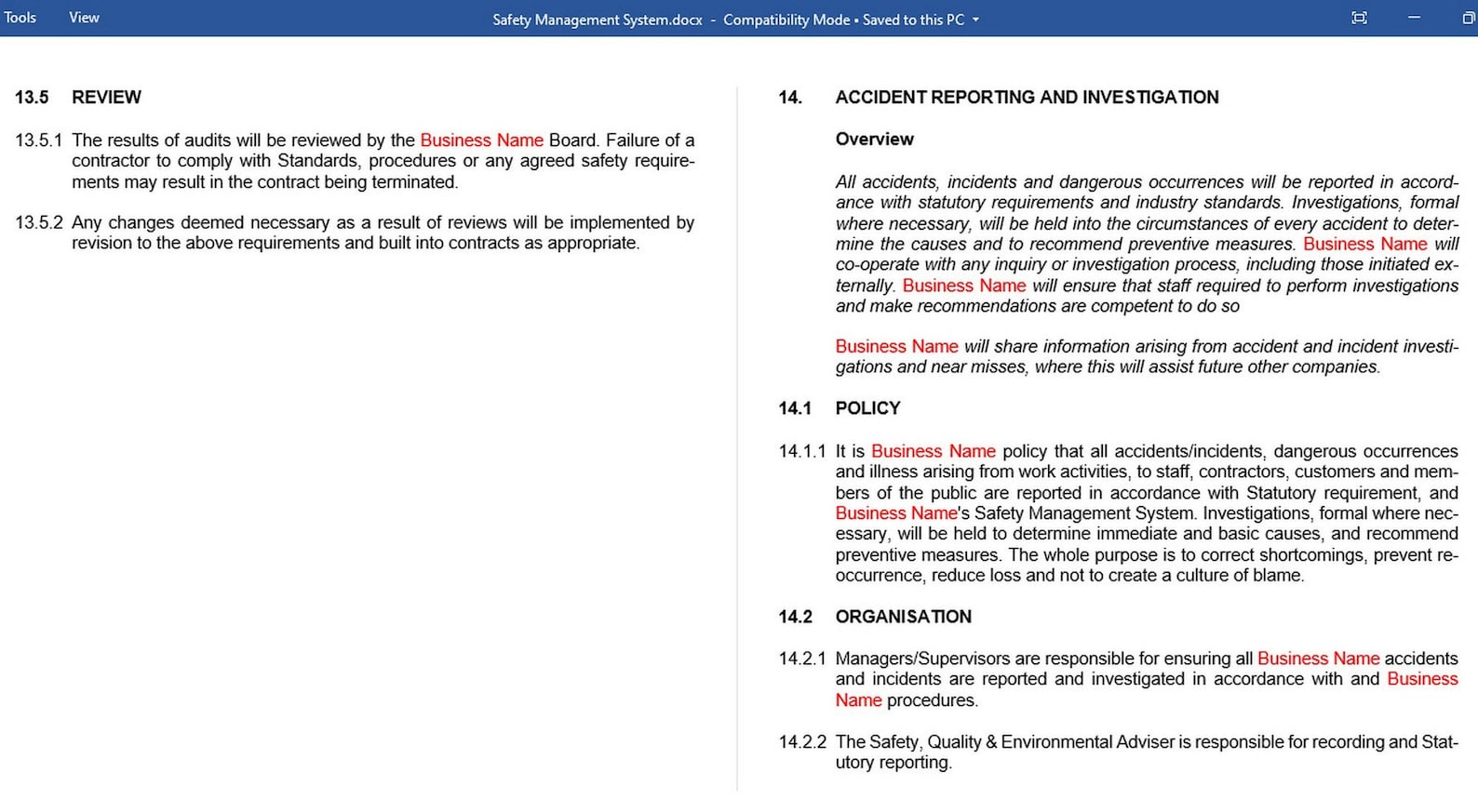 Safety Management System Template, Overview, Information, Guidance ...