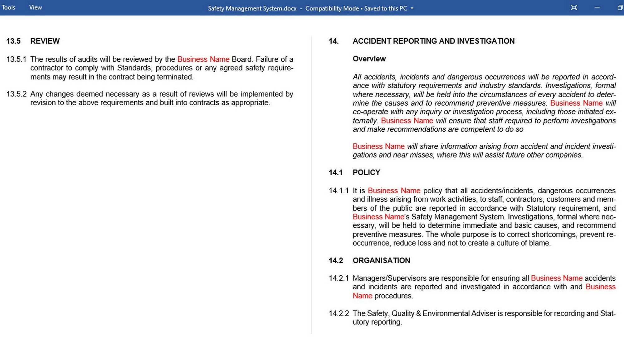 Safety Management System Template, Overview, Information, Guidance ...