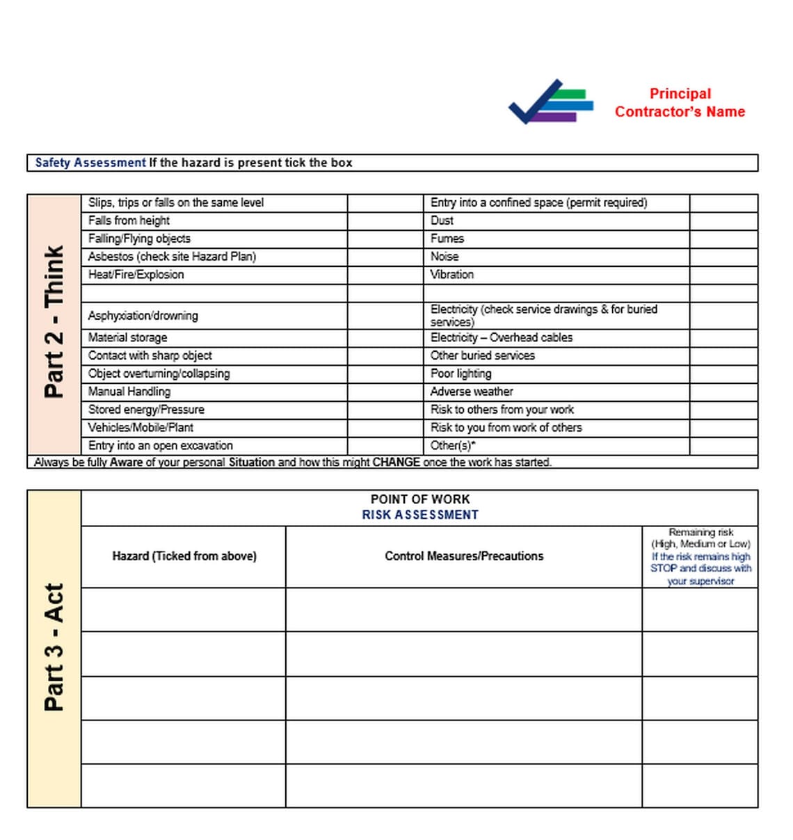 Pre-task Brief and Point of Work Risk Assessment Template, Word Doc ...