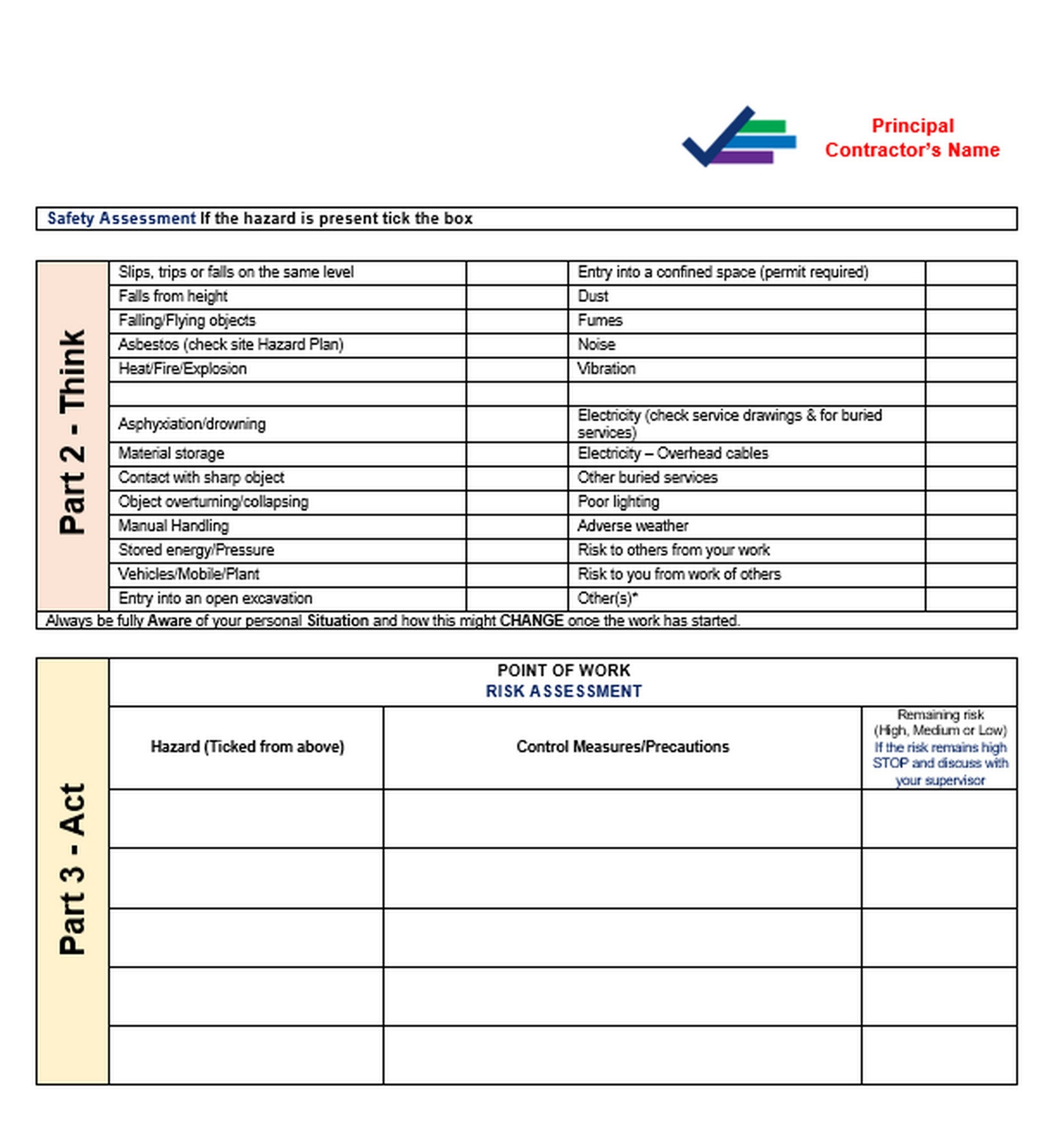 Pre-task Brief and Point of Work Risk Assessment Template, Word Doc ...