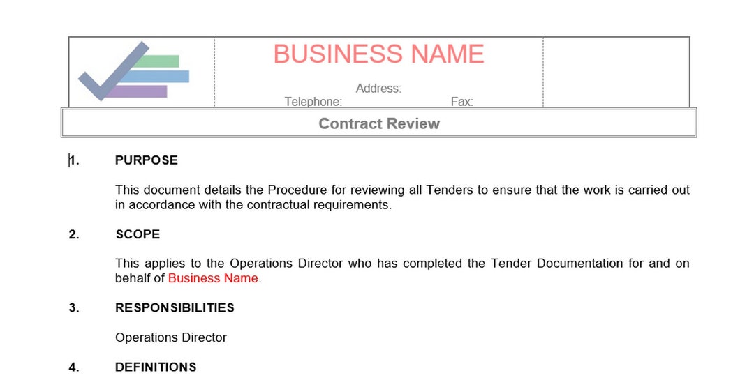 Standard Operating Procedure - Contract Review, Business Procedure ...