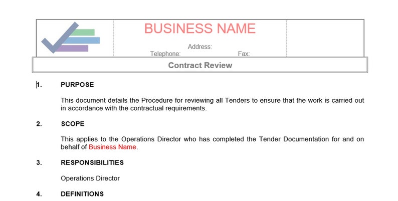 Standard Operating Procedure Contract Review, Business Procedure, Word ...