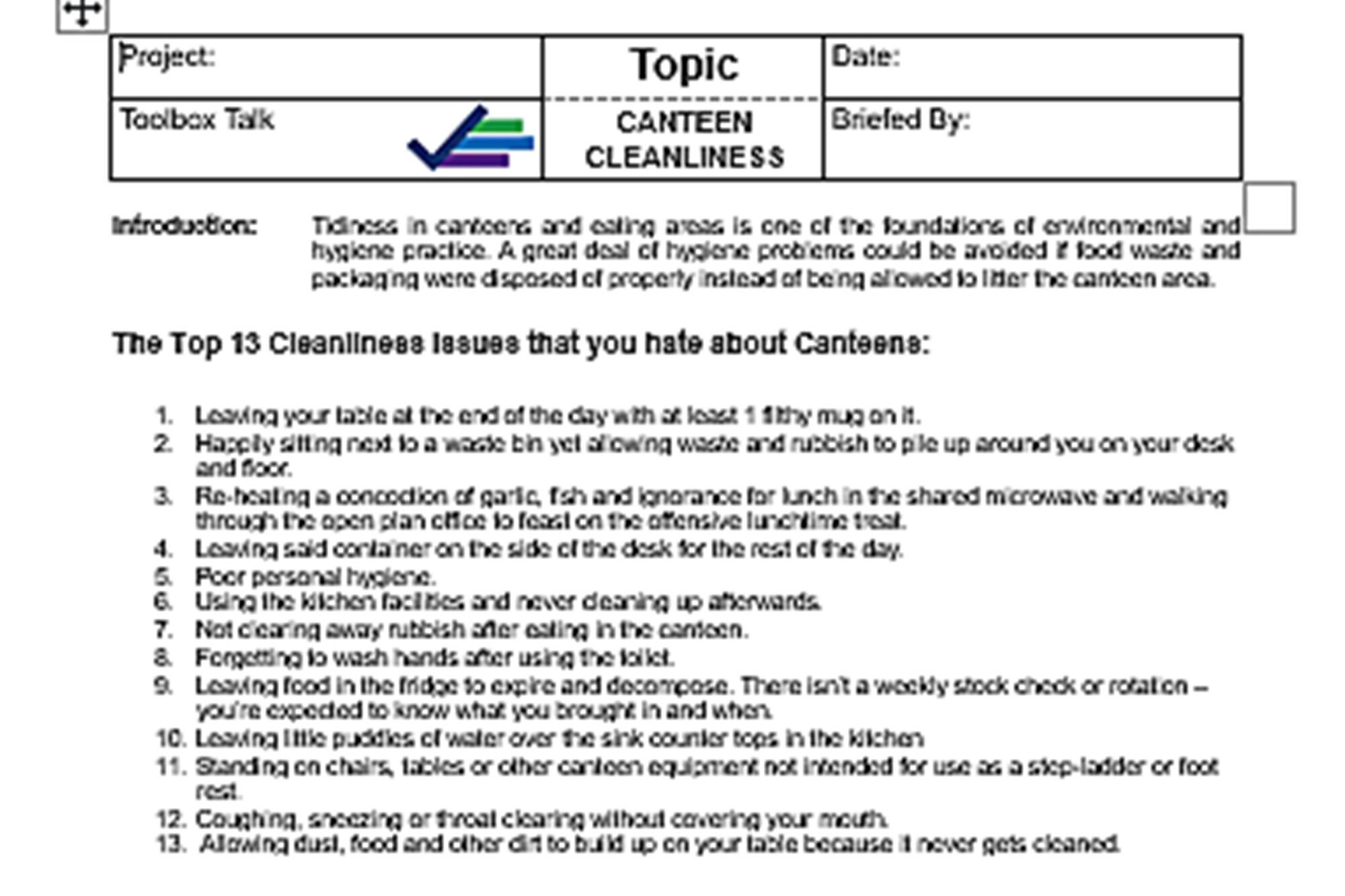 Toolbox Talk on Canteen Cleanliness - Etsy