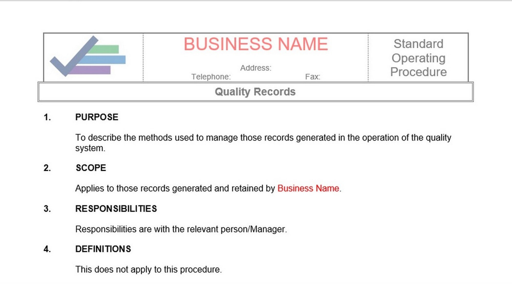 Standard Operating Procedure - Quality Records, Business Procedure ...