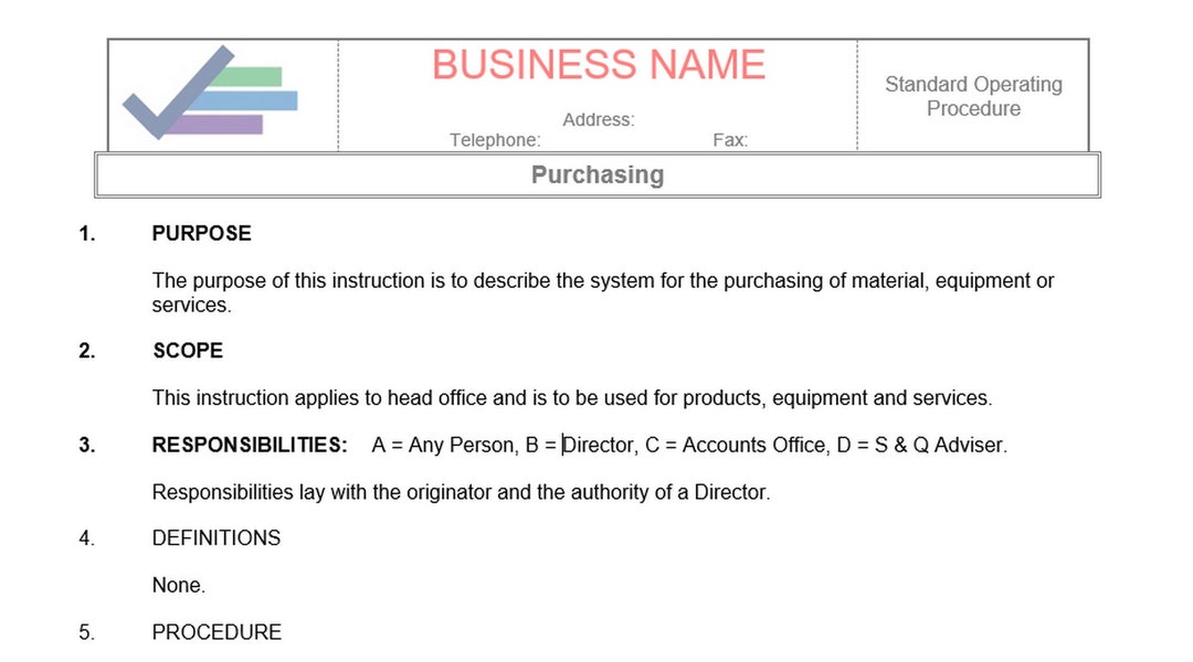 Standard Operating Procedure - Purchasing, Business Procedure, Word Doc ...