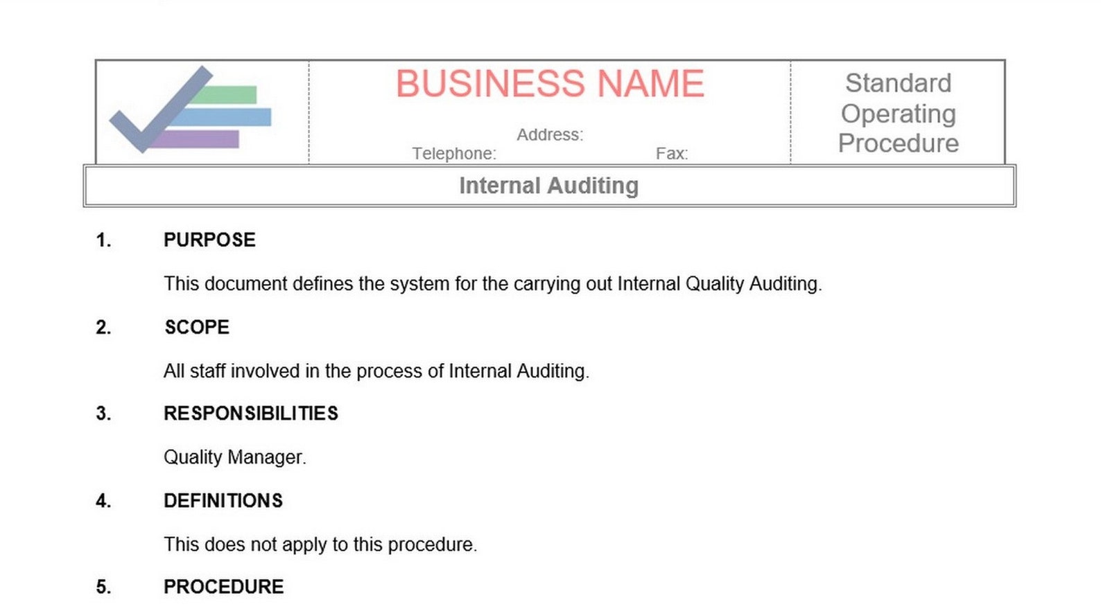 Standard Operating Procedure - Internal Quality Auditing, Business ...