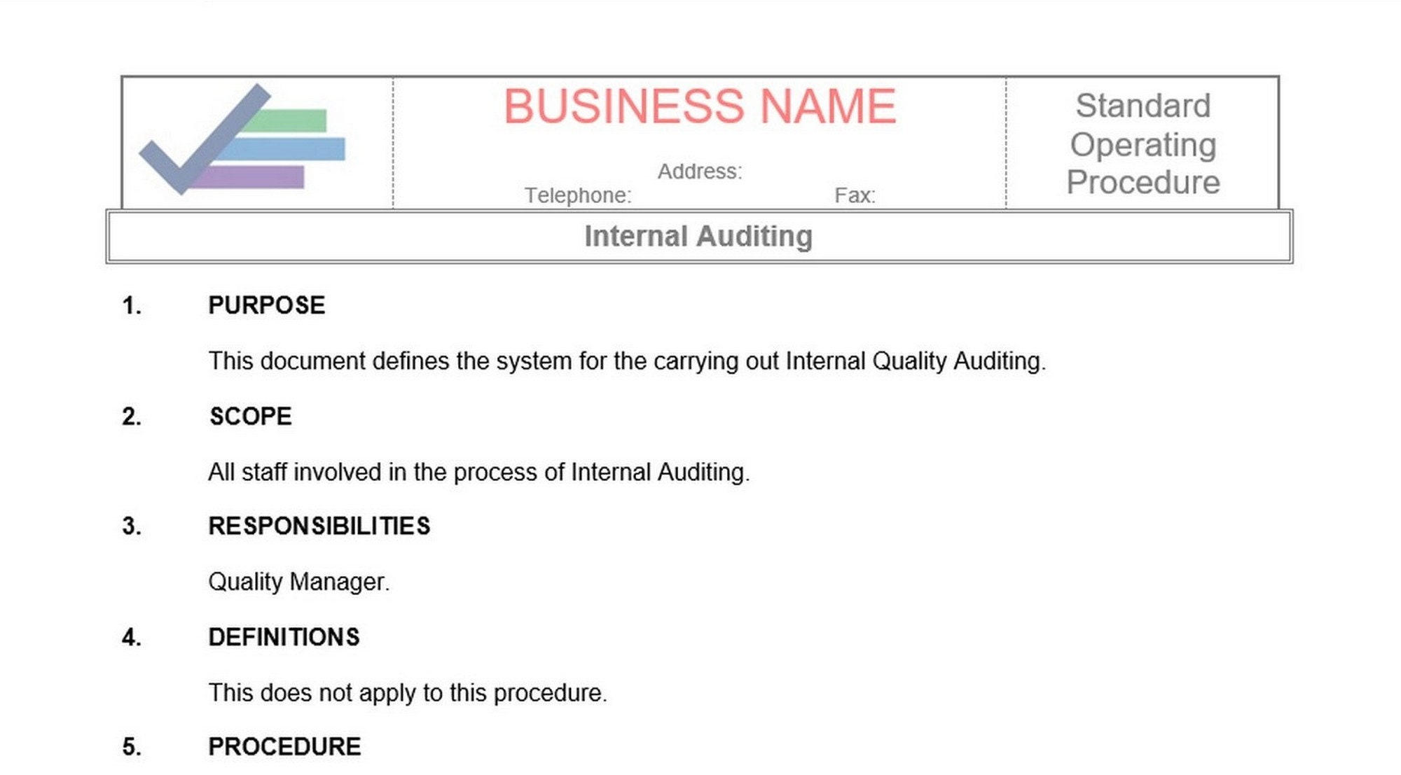 Standard Operating Procedure - Internal Quality Auditing, Business ...