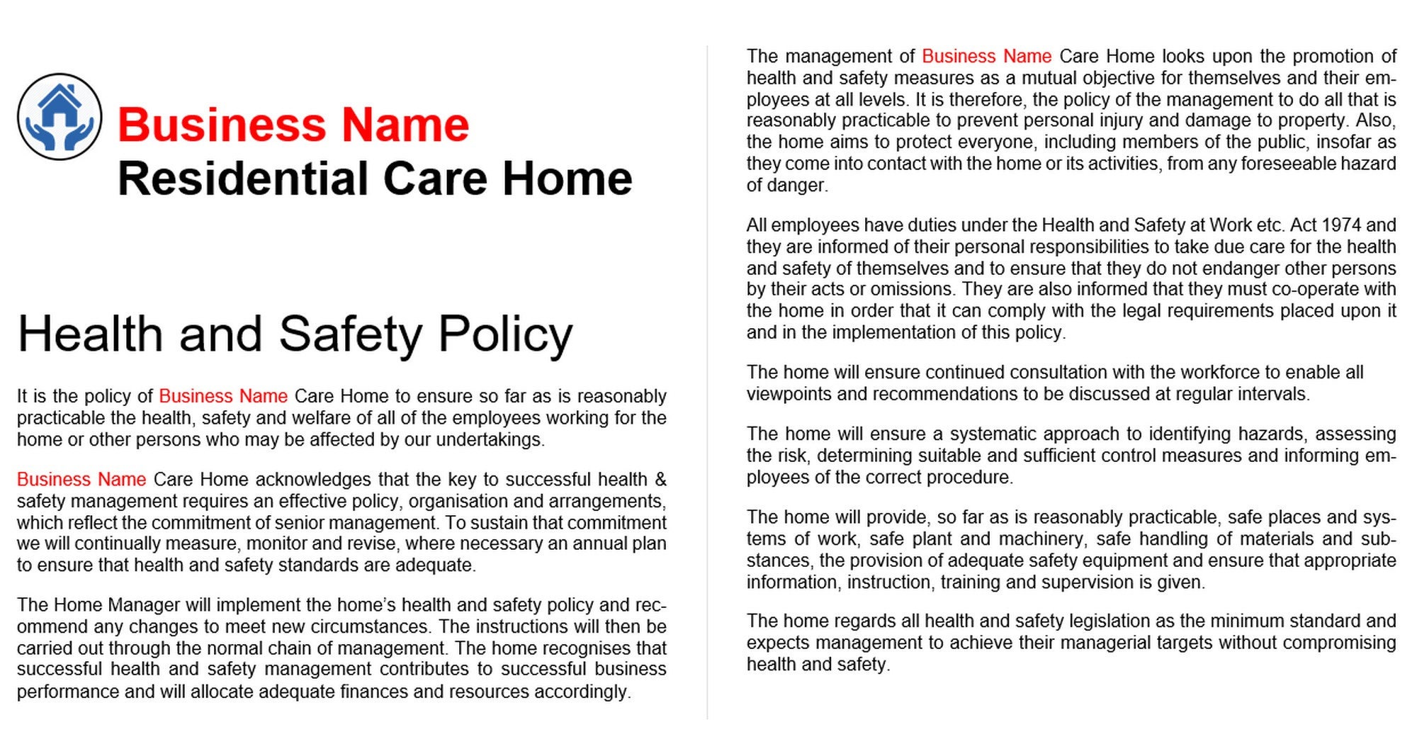 Care Home Health and Safety Policy, Word Doc - Etsy
