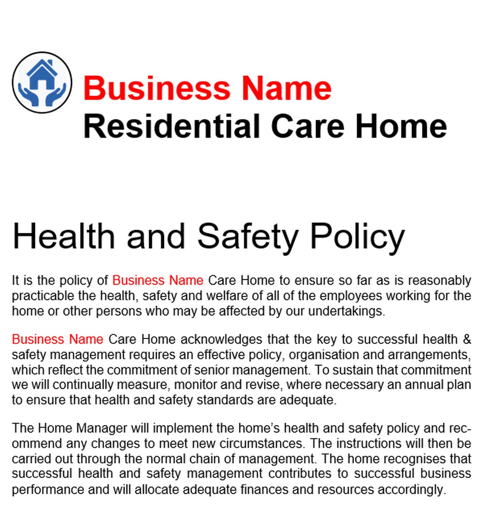 Care Home Health and Safety Policy, Word Doc - Etsy