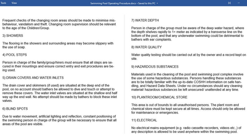 Swimming Pool Operating Procedure, Word Doc, Word Template - Etsy