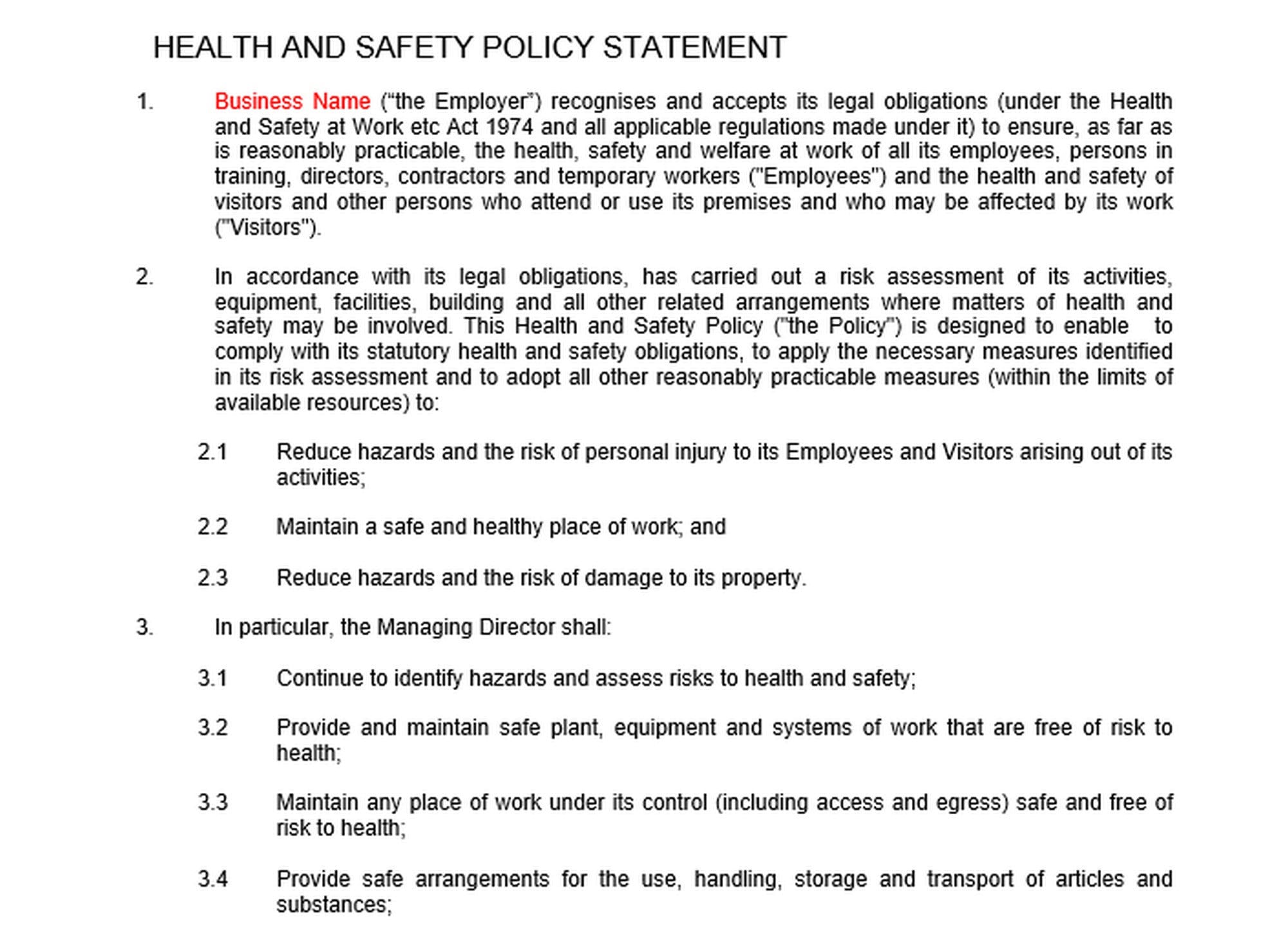 Health and Safety Policy and Arrangements, Word Doc, Word Template ...