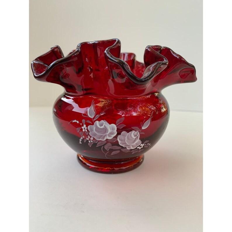 Fenton Ruby Red Ruffled Edge Rose Bowl Hand Painted with Roses | Etsy