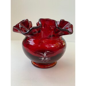 Fenton Ruby Red Ruffled Edge Rose Bowl Hand Painted with Roses | Etsy