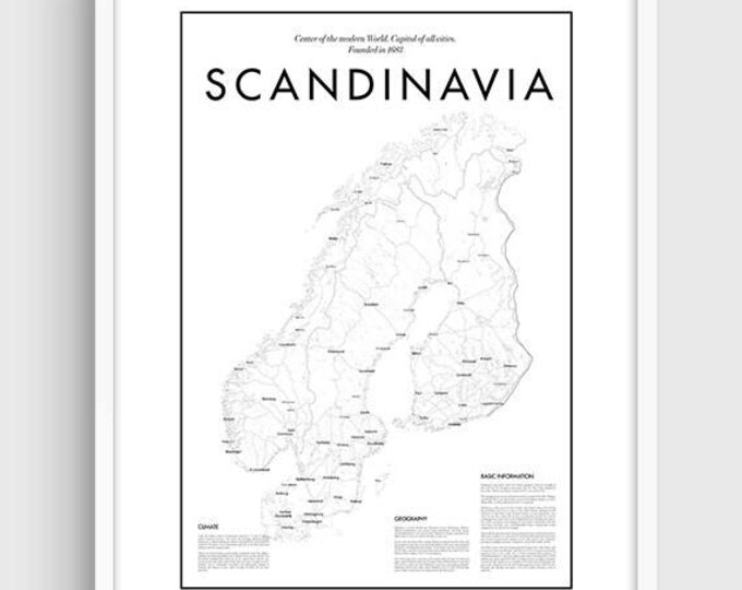 Scandinavia Map Poster Scandinavian Home Decor Black and - Etsy