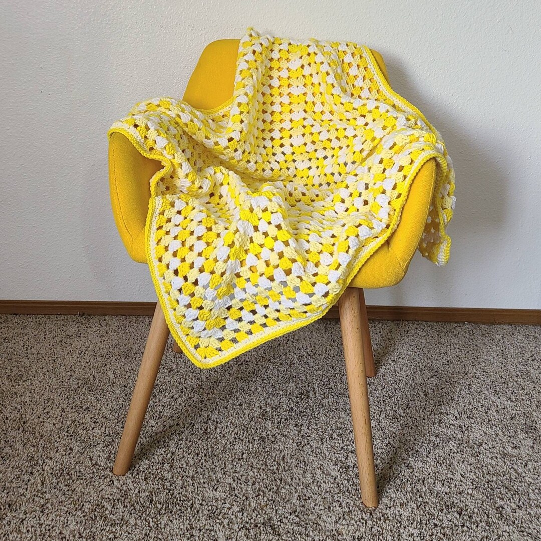 Yellow Crochet Blanket, Bright Yellow and White Granny Square Blanket ...