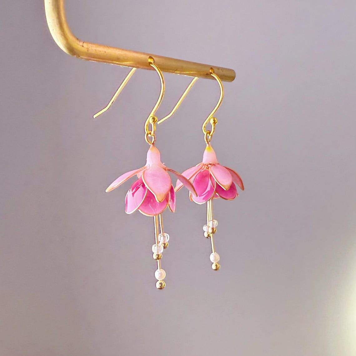 Pink and White Fuchsia Flower Earrings - Etsy