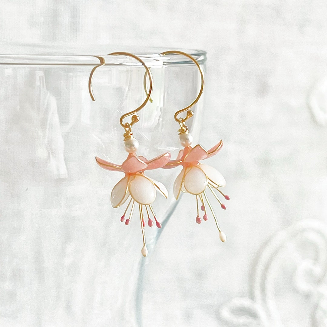 Pink and White Fuchsia Flower Earrings - Etsy