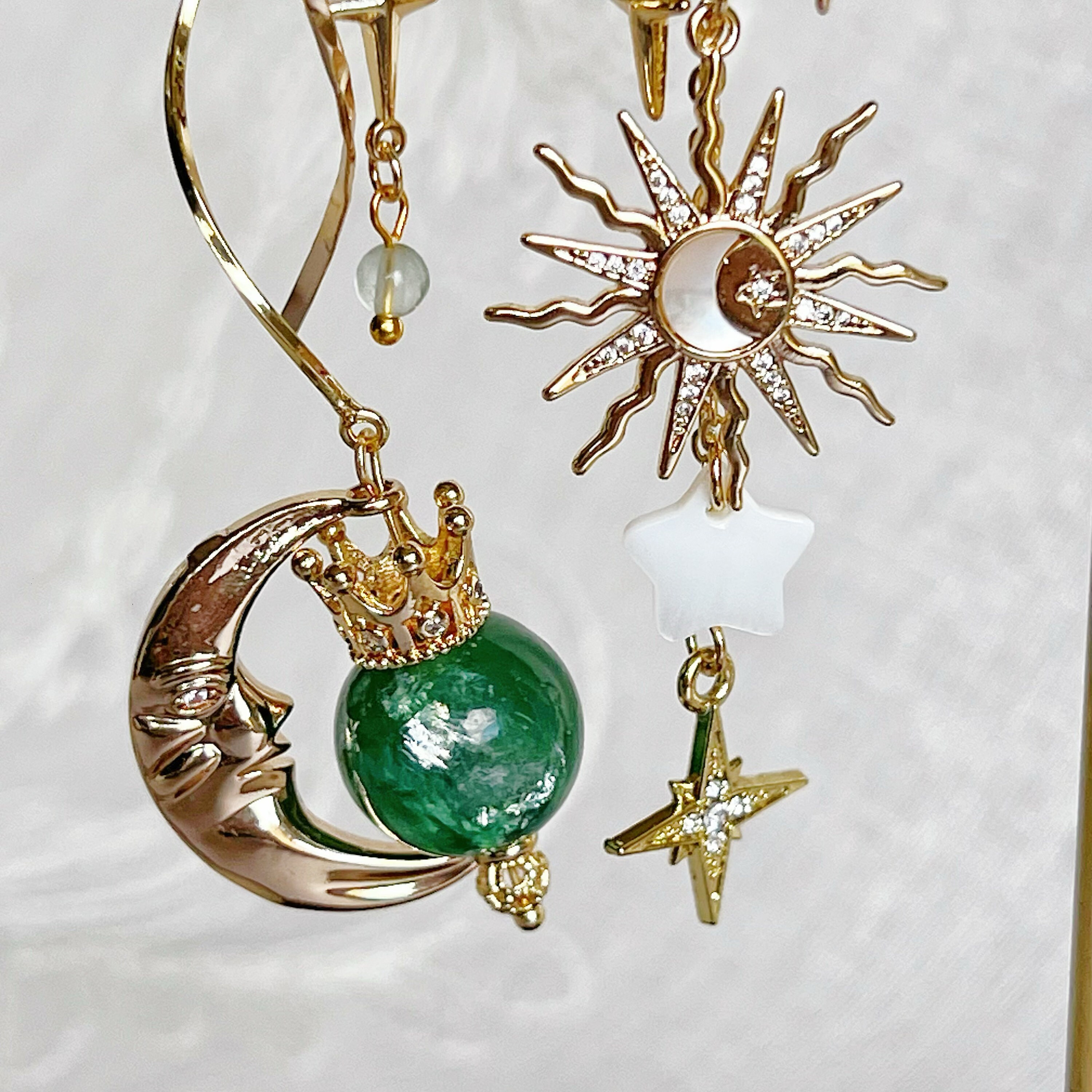 Emerald Green Lepidolite Planet Crown Moon and Sun Celestial Earrings ...