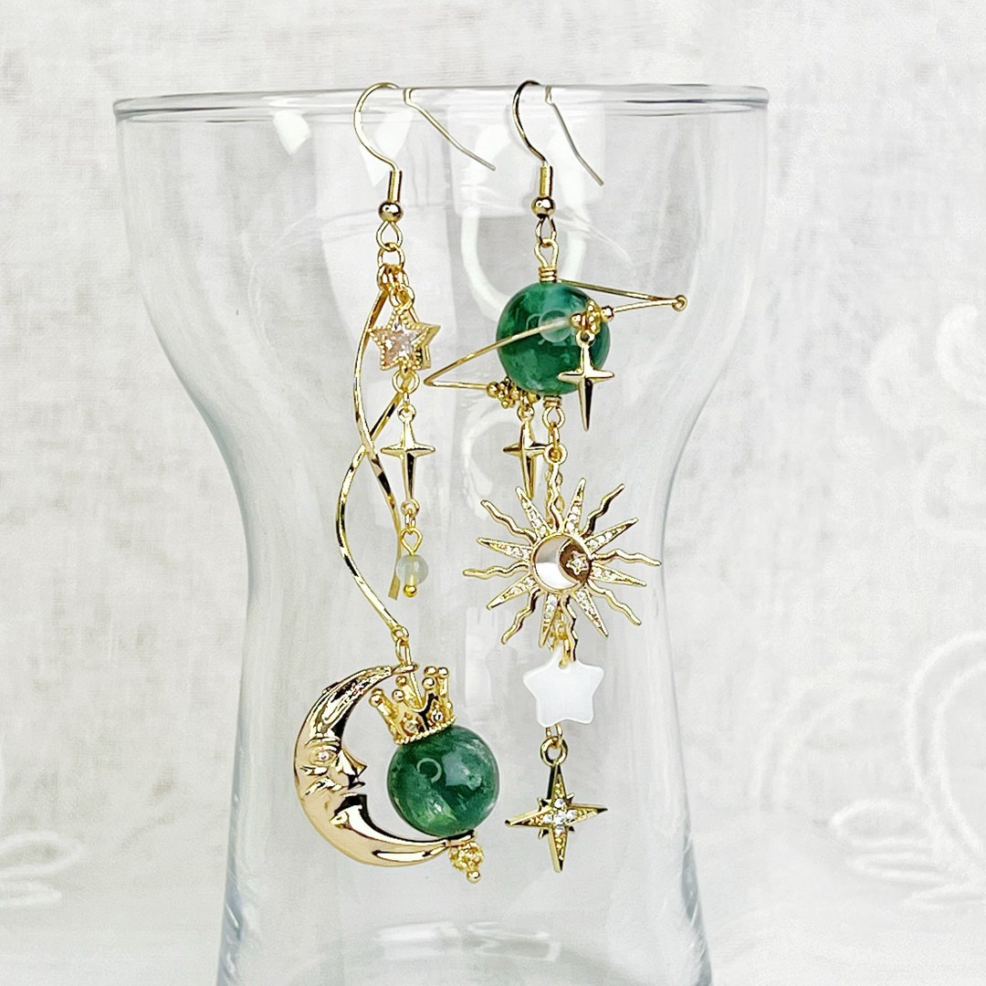 Emerald Green Lepidolite Planet Crown Moon and Sun Celestial Earrings ...