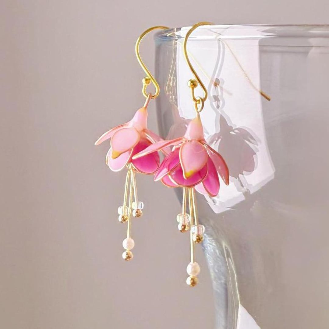 Pink and White Fuchsia Flower Earrings - Etsy