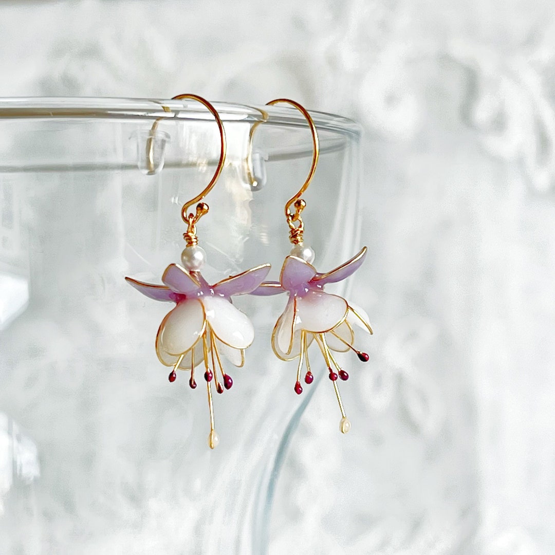 Purple and White Fuchsia Flower Earrings - Etsy