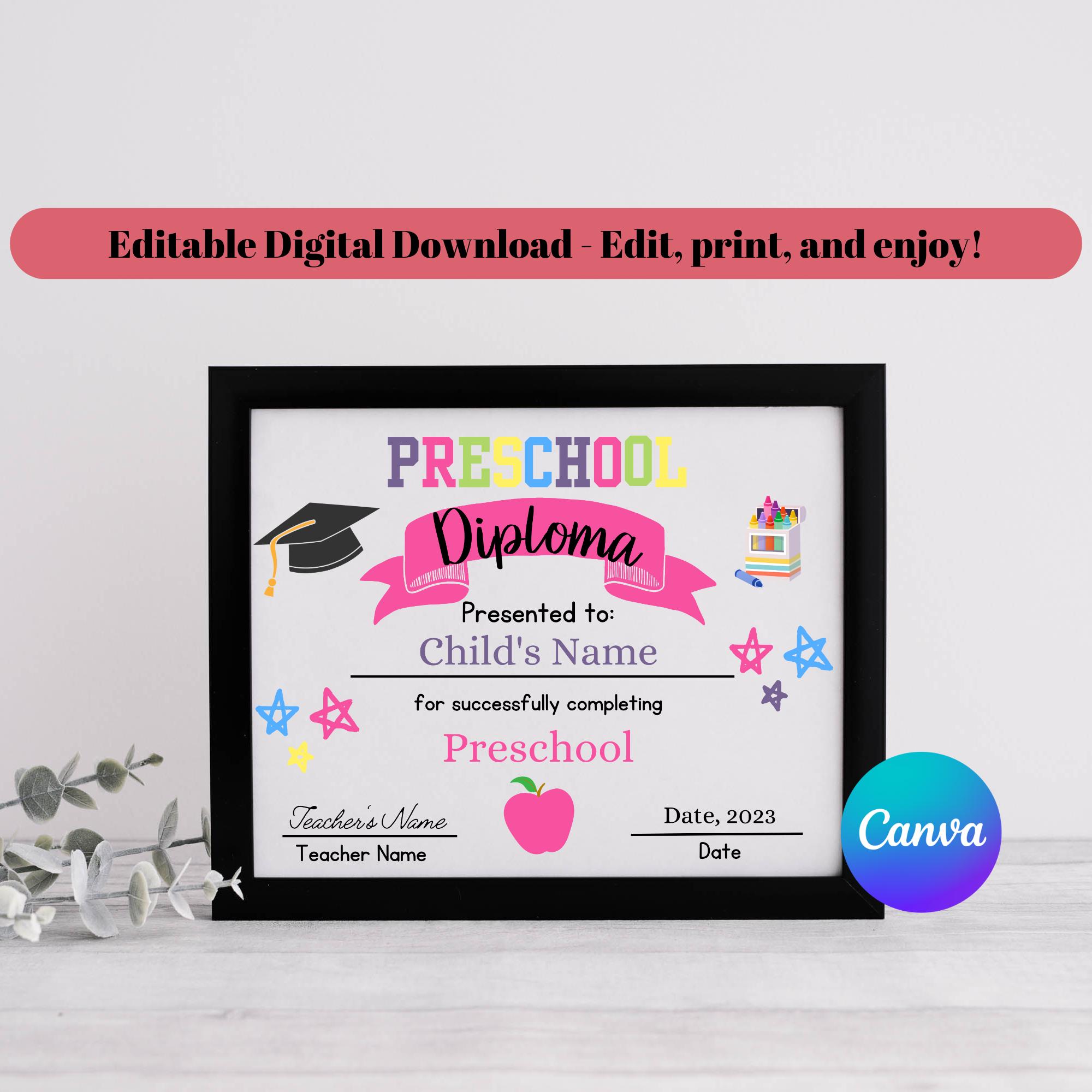 Printable Preschool Diploma Template: Editable Graduation Certificate ...